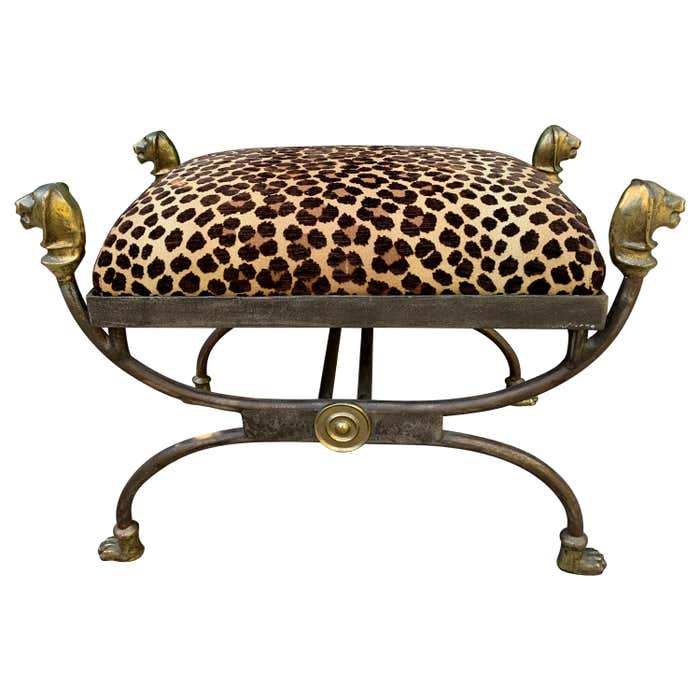 Giacometti Style Wrought Iron Stool with Bronze Finials, Medallions an ...