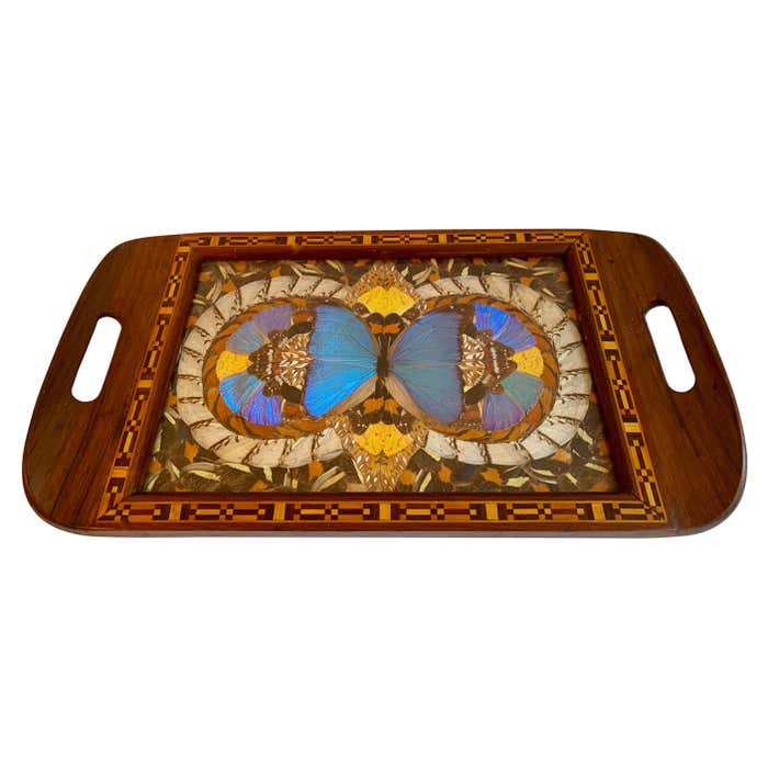 Folk Art Butterfly Collage Tray with Inlay Wooden Details ...