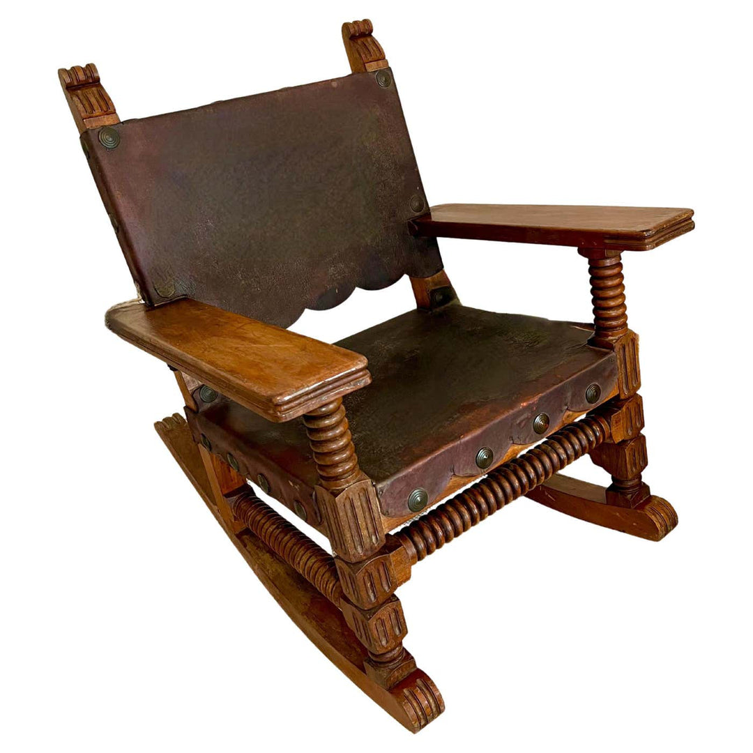 Mexican Venadillo Wood Leather and Bronze Rocking Chair circa 1940